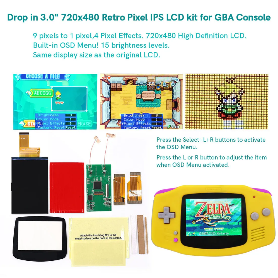Game Boy Advance:3.0 Inch Drop In 720*480 Display Kit – Retrohahn